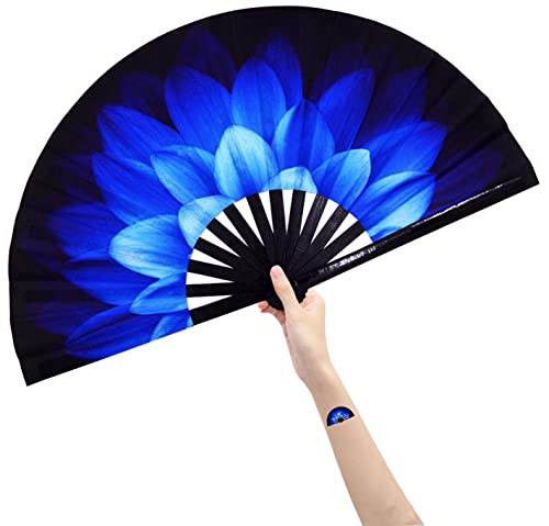 Amajiji Large Folding Fan, Rave Festival Accessories for Men/Women, Chinease/Japanese Bamboo Hand Fan, Performance Decoration Gift Dance Handheld Fan (Blue Flowers)