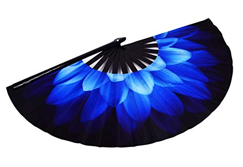 Amajiji Large Folding Fan, Rave Festival Accessories for Men/Women, Chinease/Japanese Bamboo Hand Fan, Performance Decoration Gift Dance Handheld Fan (Blue Flowers)