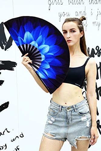 Amajiji Large Folding Fan, Rave Festival Accessories for Men/Women, Chinease/Japanese Bamboo Hand Fan, Performance Decoration Gift Dance Handheld Fan (Blue Flowers)