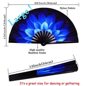 Amajiji Large Folding Fan, Rave Festival Accessories for Men/Women, Chinease/Japanese Bamboo Hand Fan, Performance Decoration Gift Dance Handheld Fan (Blue Flowers)