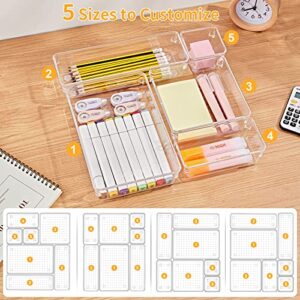 SMARTAKE 13-Piece Drawer Organizers with Non-Slip Silicone Pads, 5-Size Desk Drawer Organizer Trays Storage Tray for Makeup, Jewelries, Utensils in Bedroom Dresser, Office and Kitchen, Clear