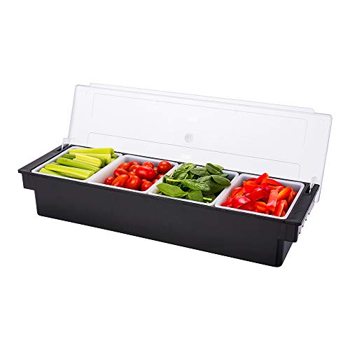 Restaurantware Bar Lux 19.6 x 6.25 x 3.7 Inch Condiment Caddy, 1 Durable Bar Caddy - 4 Compartments, Built-In Lid, Black Plastic Condiment Holder, For Home, Work, Or Restaurant