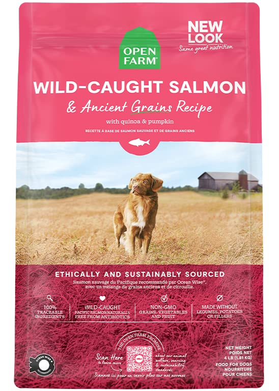 Open Farm Wild-Caught Salmon & Ancient Grains Dry Dog Food, Sustainably Fished Salmon Recipe with Wholesome Grains and No Artificial Flavors or Preservatives, 4 lbs