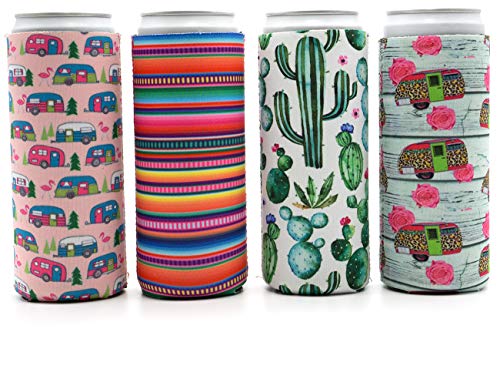 Party Girl Kim Slim Can Coolers - Neoprene Insulated Slim Can Cooler for Tall Skinny 12oz Cans like Truly Hard Seltzers and Red Bull - 4 Pack Camper