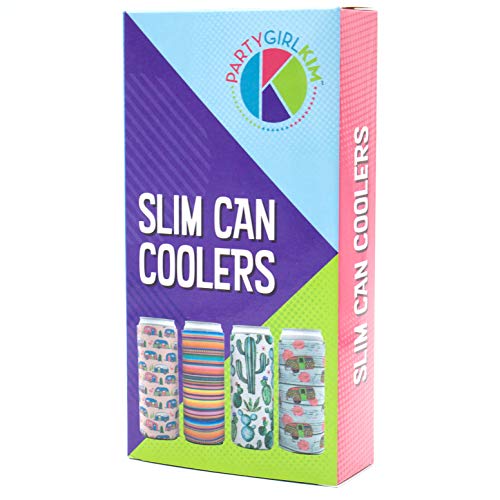 Party Girl Kim Slim Can Coolers - Neoprene Insulated Slim Can Cooler for Tall Skinny 12oz Cans like Truly Hard Seltzers and Red Bull - 4 Pack Camper