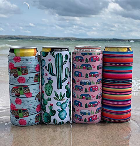 Party Girl Kim Slim Can Coolers - Neoprene Insulated Slim Can Cooler for Tall Skinny 12oz Cans like Truly Hard Seltzers and Red Bull - 4 Pack Camper