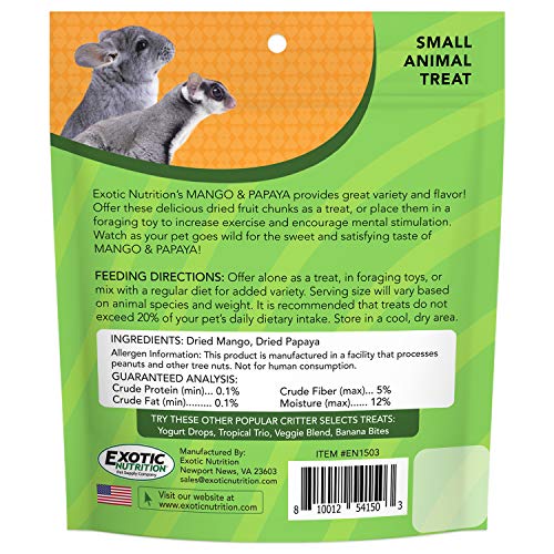 Mango & Papaya Treat (4.5 oz.) - Healthy Natural Dried Fruit Treat - For Sugar Gliders, Hedgehogs, Prairie Dogs, Chinchillas, Monkeys, Squirrels, Skunks, Parrots, Degus, Marmosets & Other Small Pets