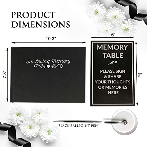 Funeral Guest Book | Memorial Guest Book | Black Guest Book for Funeral Hardcover | Guestbook for Sign In, Condolence | In Loving Memory in Silver Foil | Silver Pen and Memory Table Card Sign Included