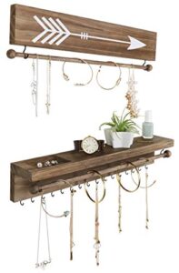 socal buttercup rustic necklace and jewelry organizer - hanging wall mount display - mounted wooden holder for earrings, necklaces, bracelets, and many other accessories (two piece, rustic)