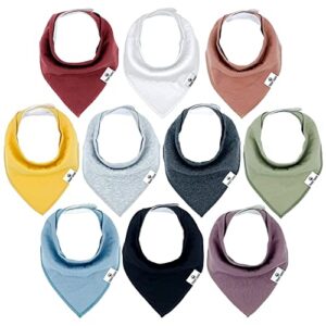 diaper squad 100% organic cotton earthy solid 10-pack baby drool bandana bibs for boys and girls, plain colors