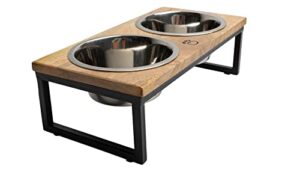 brave bark wood & metal feeder - premium mango wood feeder with metal stand, 2 stainless steel bowls for food or water included, perfect for dogs, cats and pets of any size, for home or office (large)