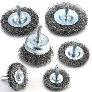 tilax wire brush wheel cup brush set 6 piece, wire brush for drill 1/4 inch arbor 0.012 inch coarse carbon steel crimped wire wheel for cleaning rust, stripping and abrasive, for drill attachment