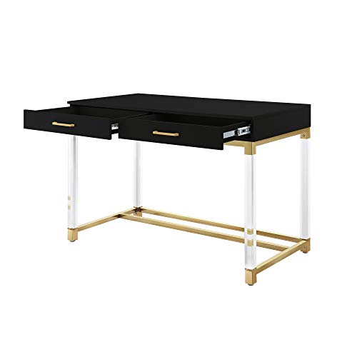 Casandra High Gloss 2 Drawers Writing Desk with Acrylic Legs and Gold Stainless Steel Base, Black/Gold