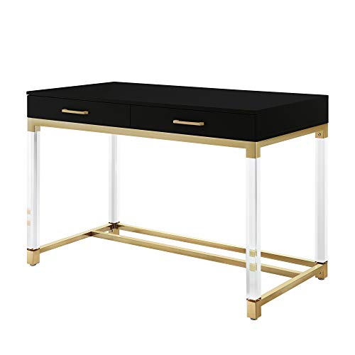 Casandra High Gloss 2 Drawers Writing Desk with Acrylic Legs and Gold Stainless Steel Base, Black/Gold