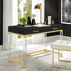 Casandra High Gloss 2 Drawers Writing Desk with Acrylic Legs and Gold Stainless Steel Base, Black/Gold