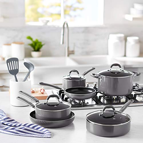 Amazon Basics Ceramic Non-Stick 12-Piece Cookware Set, Grey - Pots, Pans and Utensils