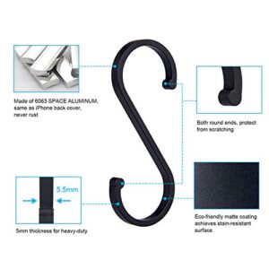 ACMETOP S Hooks, 12 Pack Aluminum S Shaped Hooks, Matte Finish S Hooks for Hanging Pots and Pans, Plants, Coffee Cups, Clothes, Towels in Kitchen, Bedroom, Bathroom, Office and Garden（Matte Black）