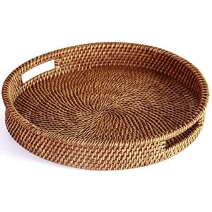 Hot Rattan Tray with Handle Hand-Woven Multi-Purpose Wicker Tray with Durable Rattan Fiber Round 14.2Inch Diameter