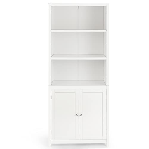 Tangkula Bookcase with Doors, 3 Tier Open Book Shelving, Standing Wooden Display Bookcase with Double Doors, Ideal for Home Bedroom, Living Room, Office, Library with Doors, White Finish (White)