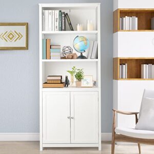 Tangkula Bookcase with Doors, 3 Tier Open Book Shelving, Standing Wooden Display Bookcase with Double Doors, Ideal for Home Bedroom, Living Room, Office, Library with Doors, White Finish (White)