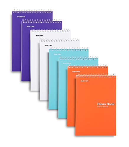 Mintra Office Steno Book - (BRIGHTS - Purp/Wht/Teal/Orange) - 6inx9in, 100 Sheets, 8 Pads/Pack, Narrow Ruled - Poly Cover, Notebook for writing notes in school, university, college, work, office