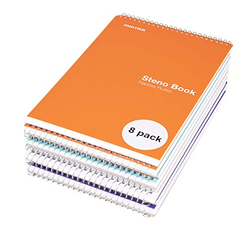 Mintra Office Steno Book - (BRIGHTS - Purp/Wht/Teal/Orange) - 6inx9in, 100 Sheets, 8 Pads/Pack, Narrow Ruled - Poly Cover, Notebook for writing notes in school, university, college, work, office