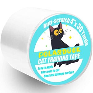 polarduck anti cat scratch tape, 4 inches x 30 yards cat training tape, 100% transparent clear double sided cat scratch deterrent tape, furniture protector for couch, carpet, doors, pet & kid safe