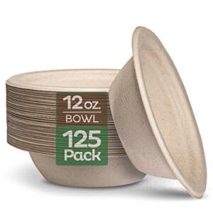 100% compostable 12 oz. paper bowls [125-pack] heavy-duty quality natural disposable bagasse, eco-friendly biodegradable made of sugar cane fibers