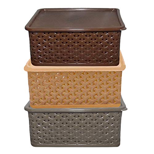 Kuber Industries Plastic 3 Pieces Small Size Multipurpose Solitaire Storage Basket with Lid (Multi) -CTLTC10899