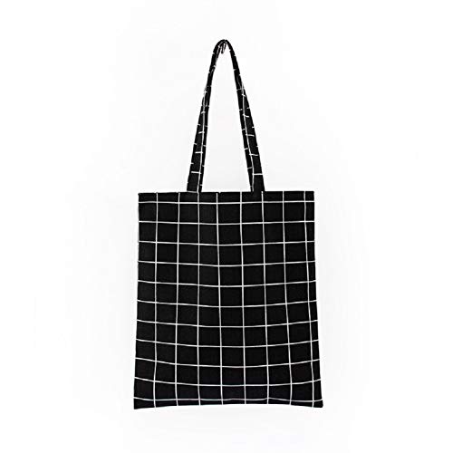 Hooshing Canvas Tote Bag Cute Plaid Reusable 100% Cotton with Zipper and Inside Pocket Black