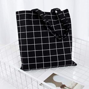 Hooshing Canvas Tote Bag Cute Plaid Reusable 100% Cotton with Zipper and Inside Pocket Black