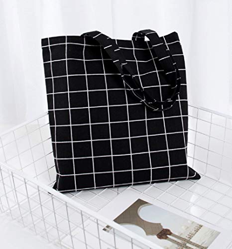 Hooshing Canvas Tote Bag Cute Plaid Reusable 100% Cotton with Zipper and Inside Pocket Black