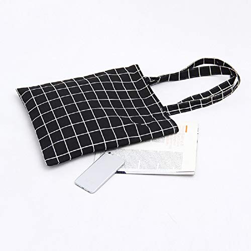 Hooshing Canvas Tote Bag Cute Plaid Reusable 100% Cotton with Zipper and Inside Pocket Black