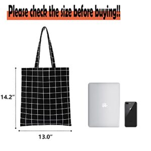 Hooshing Canvas Tote Bag Cute Plaid Reusable 100% Cotton with Zipper and Inside Pocket Black