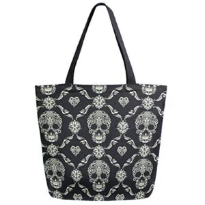 zzwwr chic skull ornamental vintage pattern large canvas gym beach travel reusable grocery shopping tote bag foldable handbag portable storage handbags