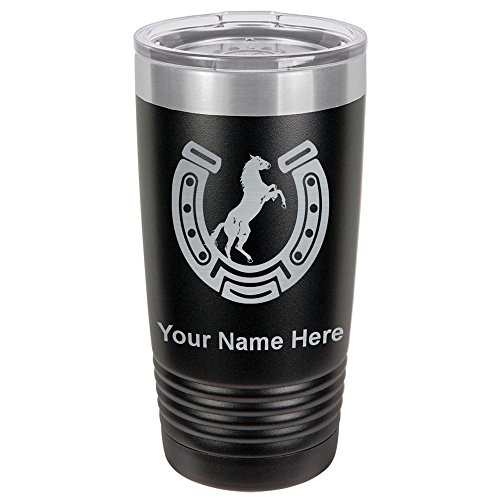 LaserGram 20oz Vacuum Insulated Tumbler Mug, Horseshoe with Horse, Personalized Engraving Included (Black)