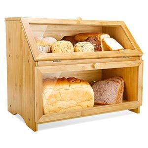 homekoko double layer large bread box for kitchen counter, wooden large capacity bread storage bin (natural bamboo)