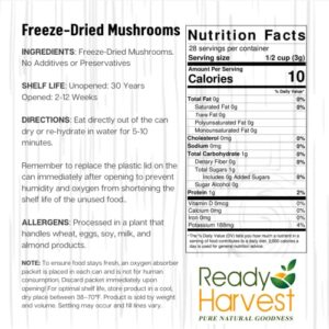 Ready Harvest - Freeze Dried Whole Foods for Emergency Food Storage, Camping Supplies, and Survival Kits | Sealed Fresh in #10 Can | 30 Year Shelf Life | 1 Can | Mushrooms