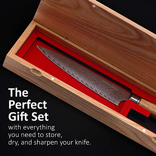 Master Maison Authentic 8" Damascus Steel Chef Knife With Full-Tang Wood Handle, Sheath, Sharpening Stone, Storage Box, & Drying Cloth | AUS-10 Japanese Ultra Sharp Stainless Steel Chef's Knife Set