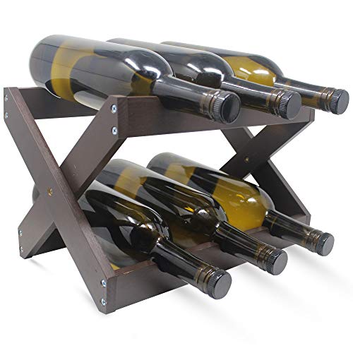 Hivory Small Wine Rack Countertop ~ 6 Bottle Wine Holder Stand ~ Foldable Bamboo Wine Storage Rack for Kitchen, Bar, Cabinets (Brown, 1)