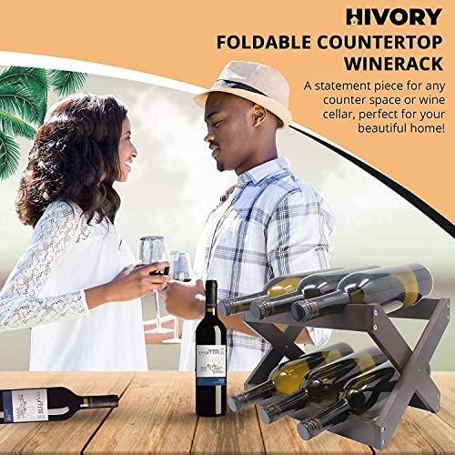 Hivory Small Wine Rack Countertop ~ 6 Bottle Wine Holder Stand ~ Foldable Bamboo Wine Storage Rack for Kitchen, Bar, Cabinets (Brown, 1)