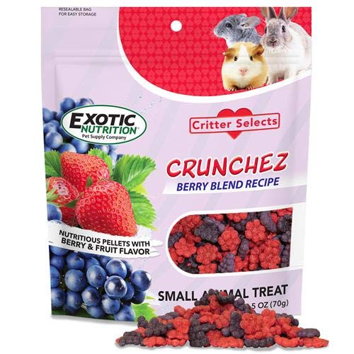 Crunchez Berry Blend - Crunchy Fruit Flavored Treat Bites - Sugar Gliders, Squirrels, Marmosets, Prairie Dogs, Hamsters, Chinchillas, Exotic Birds, Rabbits, Guinea Pigs, Degus, Small Pets… (2.5 oz.)