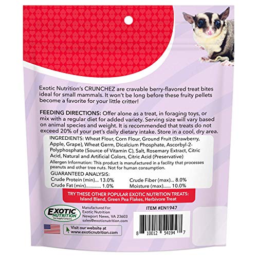 Crunchez Berry Blend - Crunchy Fruit Flavored Treat Bites - Sugar Gliders, Squirrels, Marmosets, Prairie Dogs, Hamsters, Chinchillas, Exotic Birds, Rabbits, Guinea Pigs, Degus, Small Pets… (2.5 oz.)