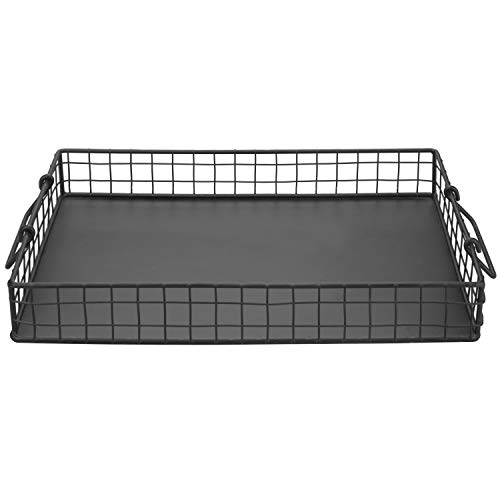 MyGift Matte Black Metal Wire Rectangular Decorative Tray with Handles, Modern Basket Style Wire Decoration Tray for Coffee Table or Ottoman, Breakfast ServingTray