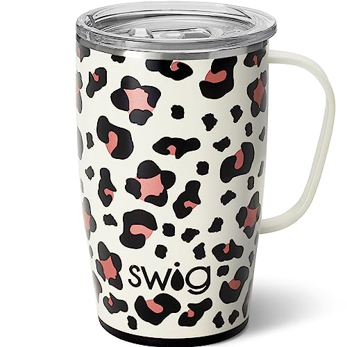 Swig Life 18oz Travel Mug | Insulated Tumbler with Handle and Lid, Cup Holder Friendly, Dishwasher Safe, Stainless Steel, Travel Coffee Cup, Insulated Coffee Mug with Lid and Handle (Luxy Leopard)