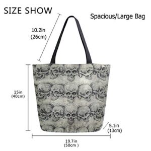 ZzWwR Vintage Skull Tattoo Pattern Large Canvas Gym Beach Travel Reusable Grocery Shopping Tote Bag