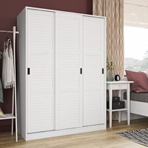 Palace Imports 100% Solid Wood Wardrobe with 3 Sliding Louvered Doors, White. 5 Shelves Included. Additional Large Shelves Sold Separately.