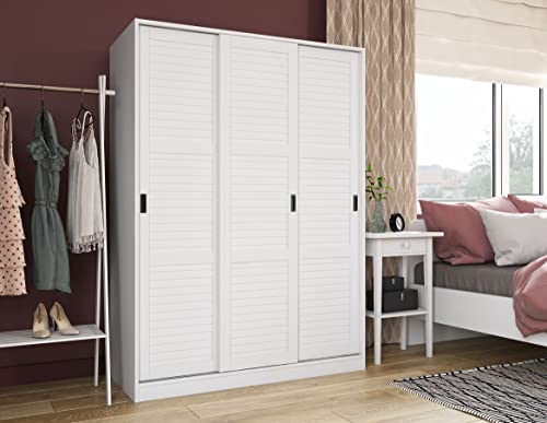 Palace Imports 100% Solid Wood Wardrobe with 3 Sliding Louvered Doors, White. 5 Shelves Included. Additional Large Shelves Sold Separately.