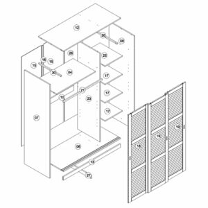 Palace Imports 100% Solid Wood Wardrobe with 3 Sliding Louvered Doors, White. 5 Shelves Included. Additional Large Shelves Sold Separately.