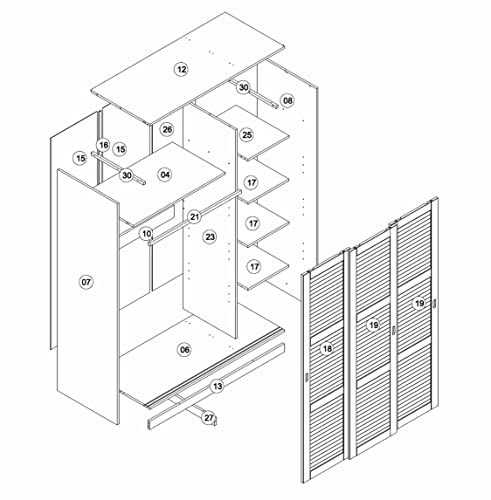 Palace Imports 100% Solid Wood Wardrobe with 3 Sliding Louvered Doors, White. 5 Shelves Included. Additional Large Shelves Sold Separately.